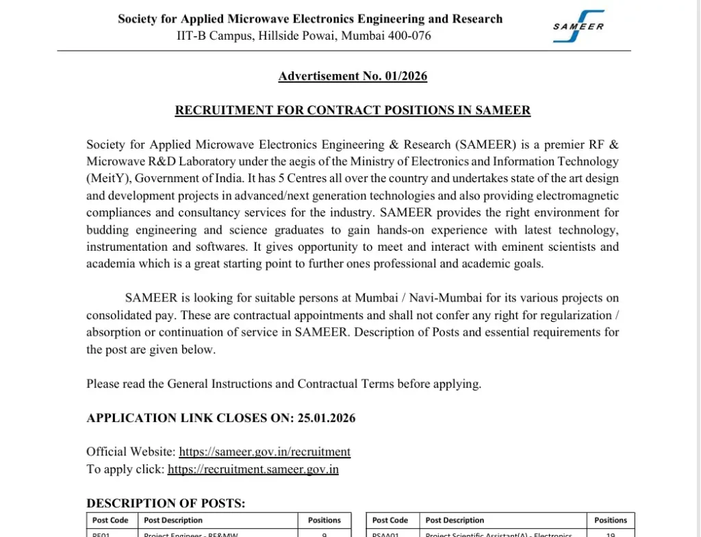 SAMEER Project Engineer Recruitment 2026 Apply Online 147 Posts